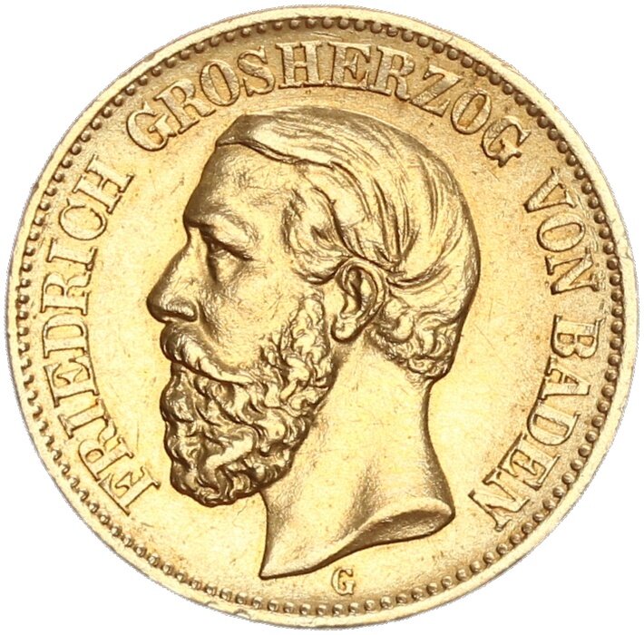 Baden Friedrich I. 20 Mark 1872 G Gold f. vz Jäger 184 kaufe, 1.449,99